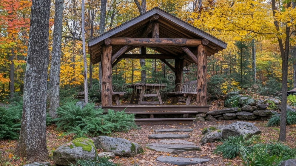 Rustic Wooden Gazebo in a Fall Forest Setting Stock Illustration ...