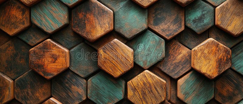 Rustic Wooden Hexagon Pattern with Teal and Brown Tones Stock ...