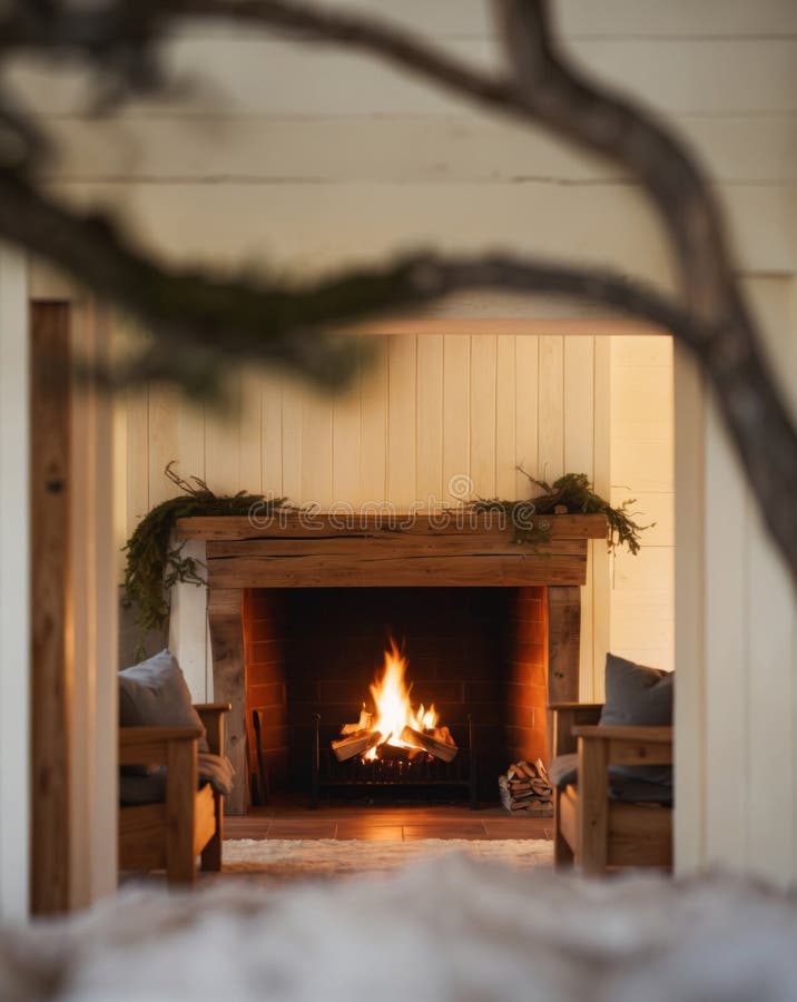 A Rustic Wooden Home with a Roaring Fireplace. Stock Image - Image of ...