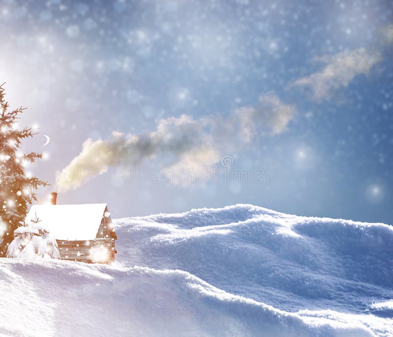 Rustic Wooden House in the Snow Covered Forest Stock Photo - Image of ...