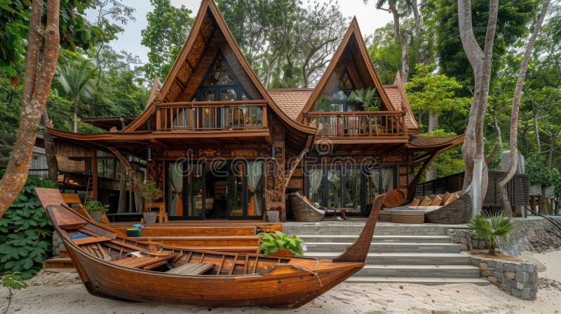 Rustic Wooden House on Tropical Beach, Serene Landscape Stock ...