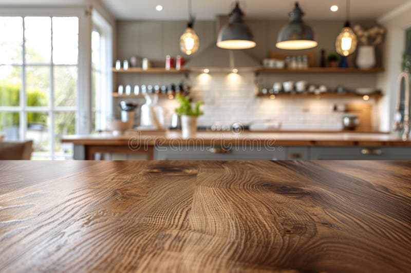 Rustic Wooden Kitchen Counter with Modern Shelves and Kitchenware Stock ...
