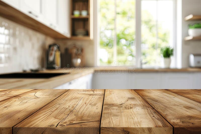 Rustic Wooden Kitchen Counter with Modern Shelves and Kitchenware Stock ...