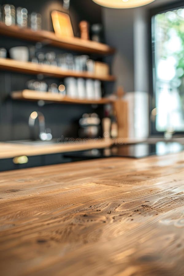 Rustic Wooden Kitchen Counter with Modern Shelves and Kitchenware Stock ...