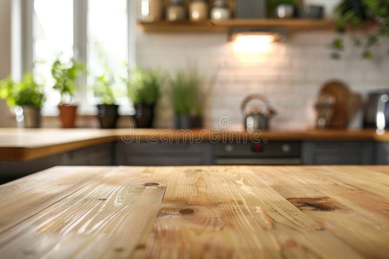 Rustic Wooden Kitchen Counter with Modern Shelves and Kitchenware Stock ...