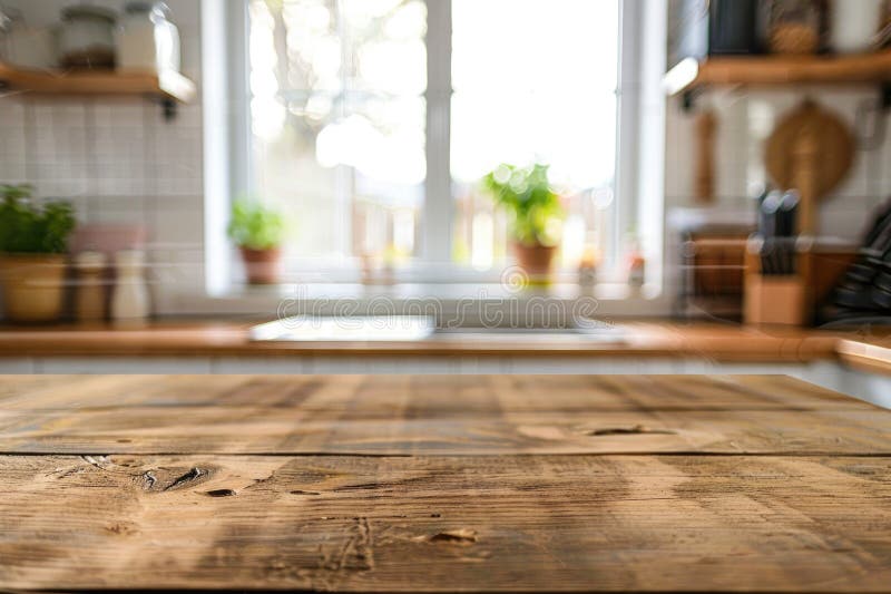 Rustic Wooden Kitchen Counter with Modern Shelves and Kitchenware Stock ...