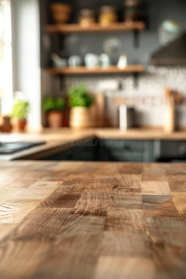 Rustic Wooden Kitchen Counter with Modern Shelves and Kitchenware Stock ...