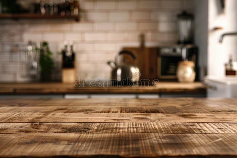 Rustic Wooden Kitchen Counter with Modern Shelves and Kitchenware Stock ...