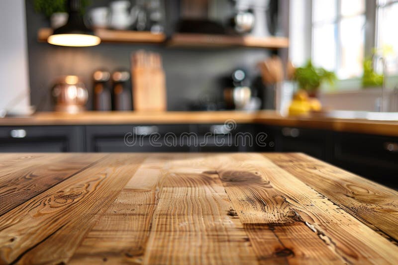 Rustic Wooden Kitchen Counter with Modern Shelves and Kitchenware Stock ...