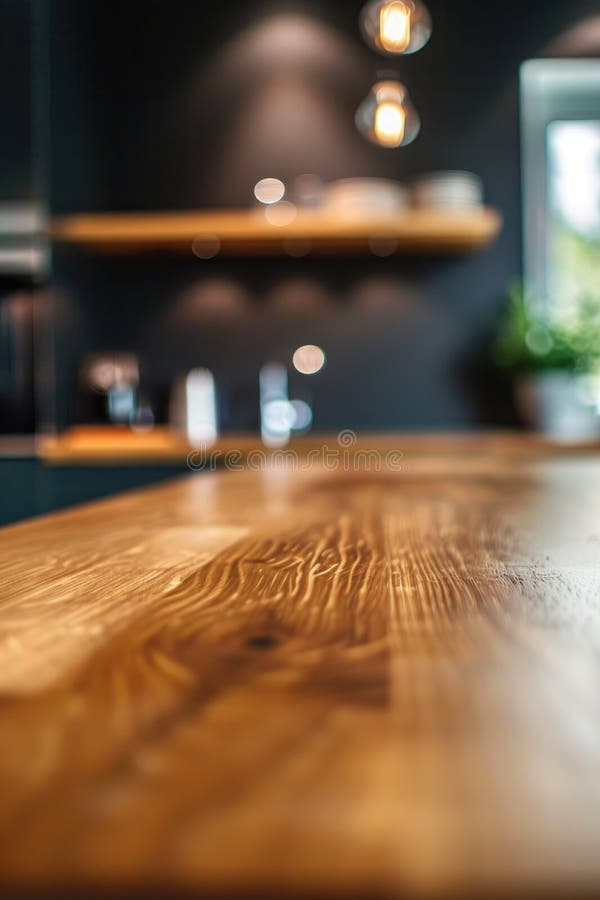 Rustic Wooden Kitchen Counter with Modern Shelves and Kitchenware Stock ...