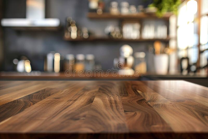 Rustic Wooden Kitchen Counter with Modern Shelves and Kitchenware Stock ...