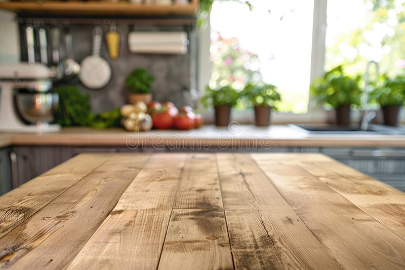 Rustic Wooden Kitchen Counter with Modern Shelves and Kitchenware Stock ...