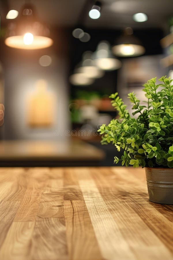 Rustic Wooden Kitchen Counter with Modern Shelves and Kitchenware Stock ...
