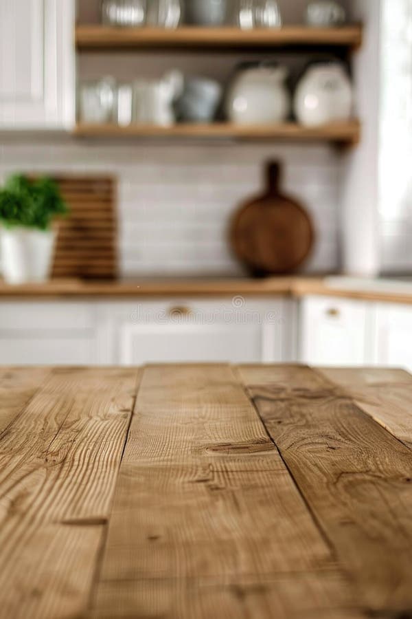Rustic Wooden Kitchen Counter with Modern Shelves and Kitchenware Stock ...