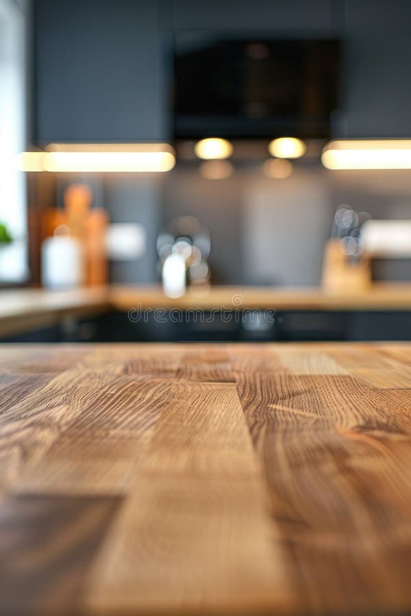 Rustic Wooden Kitchen Counter with Modern Shelves and Kitchenware Stock ...