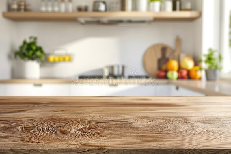Rustic Wooden Kitchen Counter with Modern Shelves and Kitchenware Stock ...