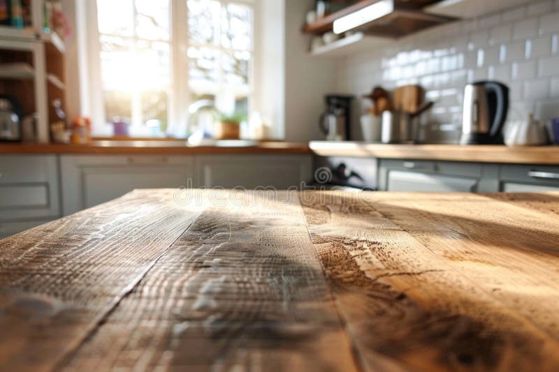 Rustic Wooden Kitchen Counter with Modern Shelves and Kitchenware Stock ...