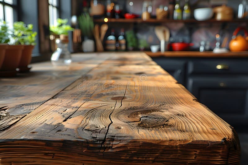 Rustic Wooden Kitchen Counter in Sunlit Modern Farmhouse Setting ...