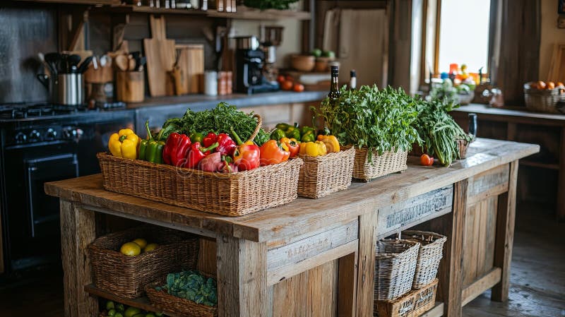 Rustic Wooden Kitchen Island Baskets Fresh Produce Display Stock Photos ...