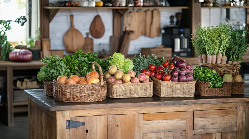 Rustic Wooden Kitchen Island with Baskets of Fresh Produce for Display ...