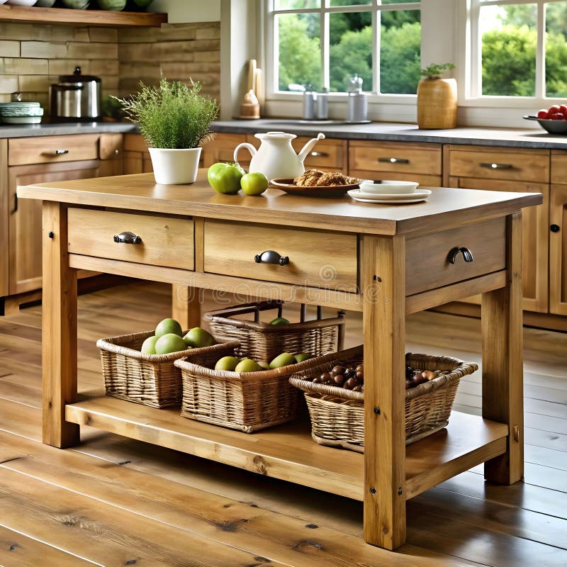 Rustic Wooden Kitchen Island with Drawers Stock Illustration ...