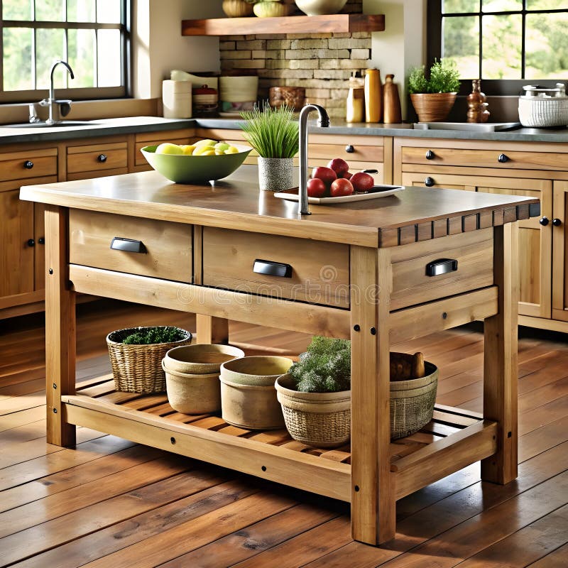 Rustic Wooden Kitchen Island with Drawers Stock Illustration ...
