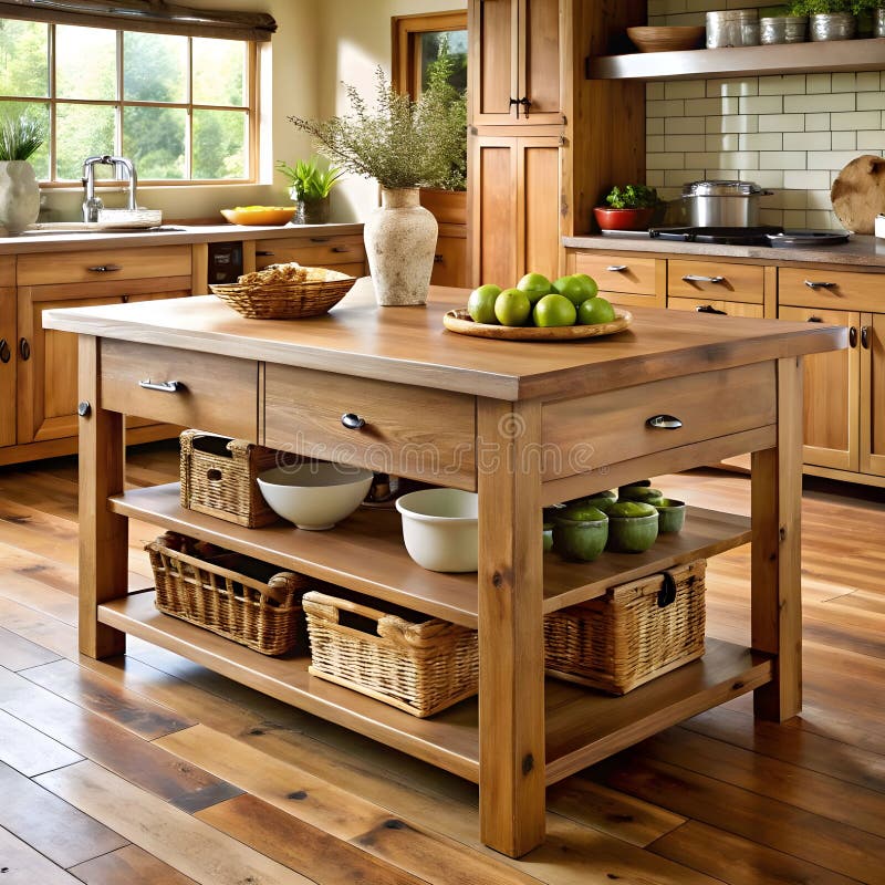 Rustic Wooden Kitchen Island with Drawers Stock Illustration ...