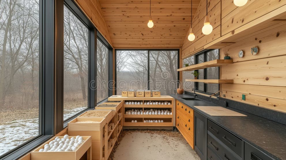 Rustic Wooden Kitchen with Large Windows Overlooking Forest in Winter ...