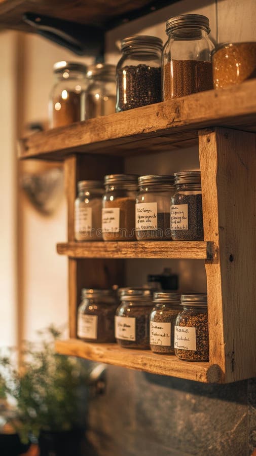 Rustic Wooden Kitchen Shelf with Assorted Spice Jars in Glass ...