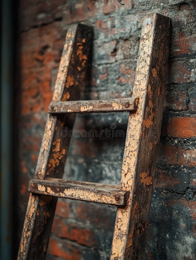 A Rustic Wooden Ladder Against a Brick Wall. Stock Photo - Image of ...