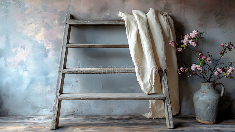 Rustic Wooden Ladder, Fabric Drape, Spring Blossoms, Textured Wall ...