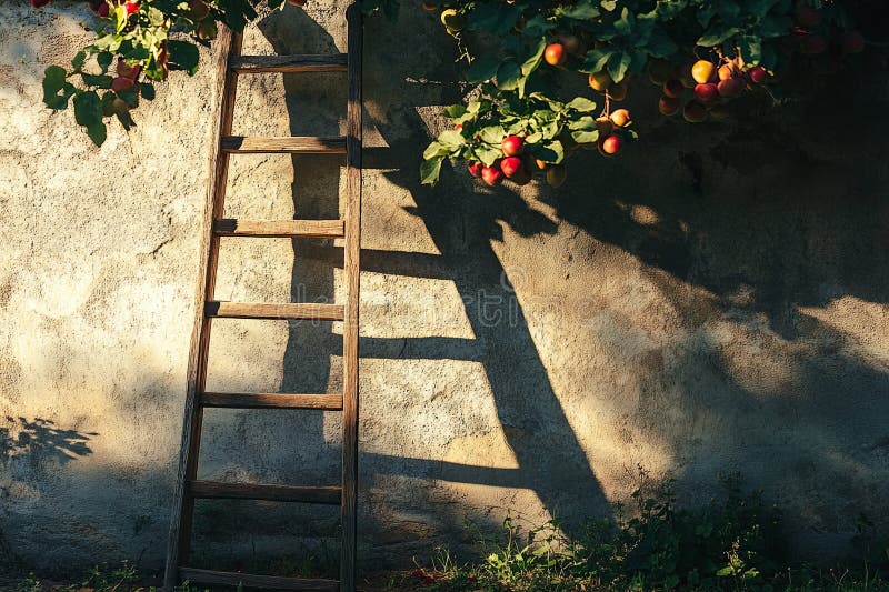 Rustic Wooden Ladder Leaning Against Fruit Tree Soft Natural Stock ...