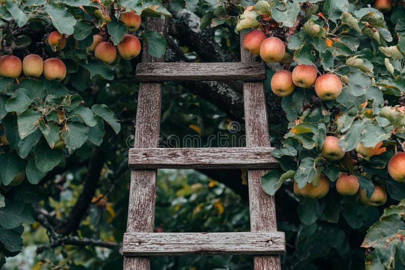 A Rustic Wooden Ladder Leaning Against a Tree with Soft Fruit Hanging ...