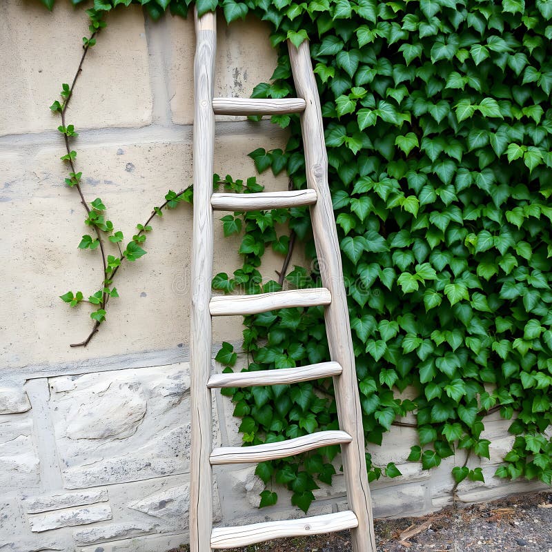 A Rustic Wooden Ladder Leaning Against a Wall Covered in Ivy Stock ...