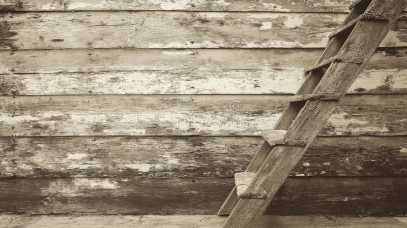 Rustic Wooden Ladder Leaning Against Weathered Wall Stock Illustration ...