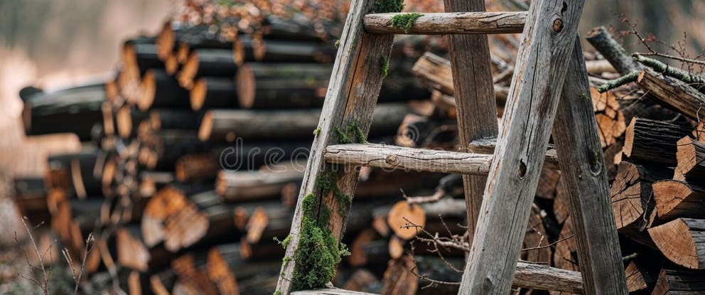 Rustic Wooden Ladder Leaning on Firewood Stack. Stock Photo - Image of ...