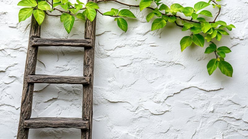 A Rustic Wooden Ladder is Propped Against a Delicate Whitewashed Wall ...