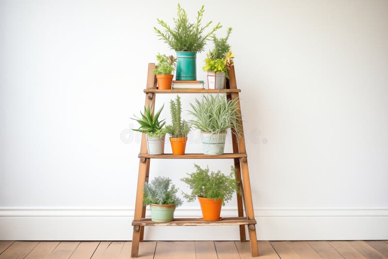 Rustic Wooden Ladder Repurposed As a Plant Stand Stock Image - Image of ...