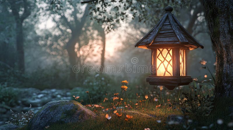 A Rustic Wooden Lantern Glowing Softly in a Forest Clearing at Dusk ...