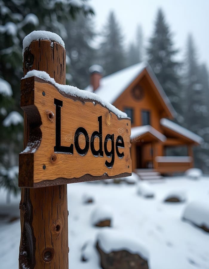 Rustic Wooden Lodge Sign with Mountain Cabin Backdrop Stock ...