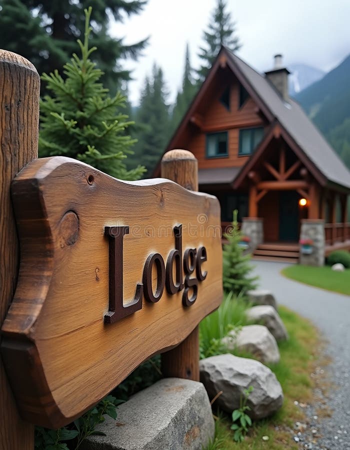Rustic Wooden Lodge Sign with Mountain Cabin Backdrop Stock ...