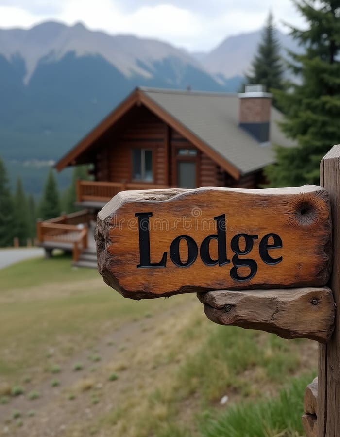 Rustic Wooden Lodge Sign with Mountain Cabin Backdrop Stock ...