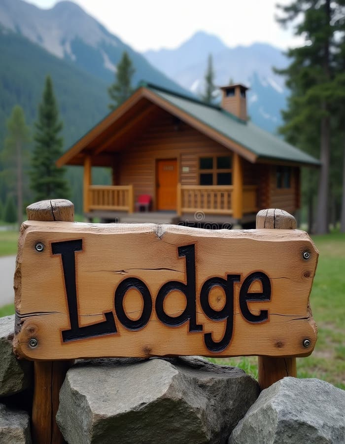 Rustic Wooden Lodge Sign with Mountain Cabin Backdrop Stock ...