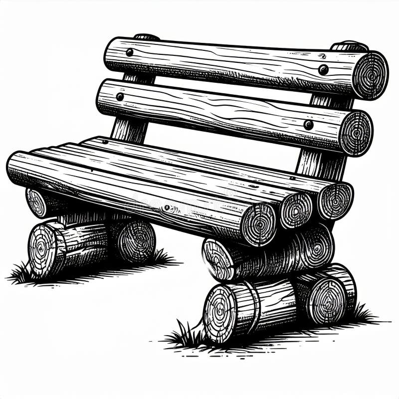 Rustic Wooden Log Bench in Black and White Line Art Stock Illustration ...