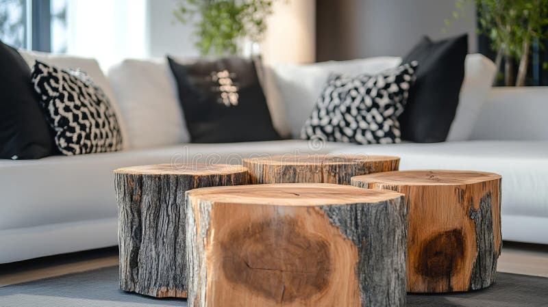 Rustic Wooden Log Coffee Table in Modern Interior Design Stock ...