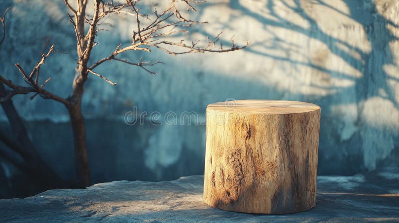 Rustic Wooden Log Display on Stone Surface with Bare Tree Branches ...