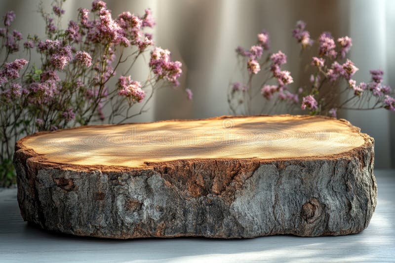 Rustic Wooden Log Podium on Light Studio Backdrop: Minimal Display F ...