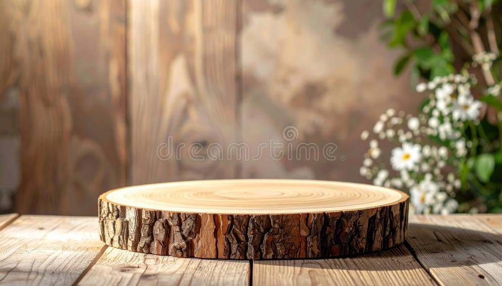 Rustic Wooden Log Slice on Wooden Table with White Flowers Stock ...