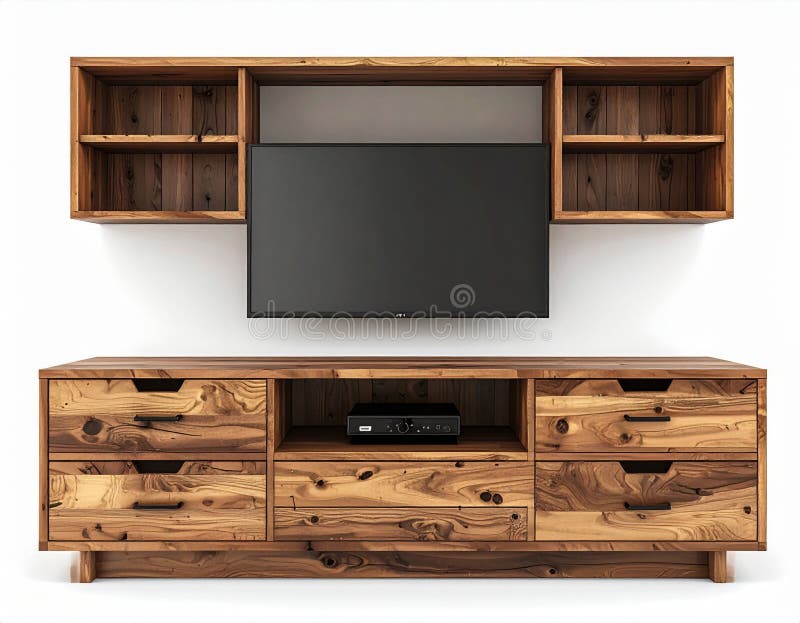 Rustic Wooden Media Console with Wall Unit and Drawers Stock ...