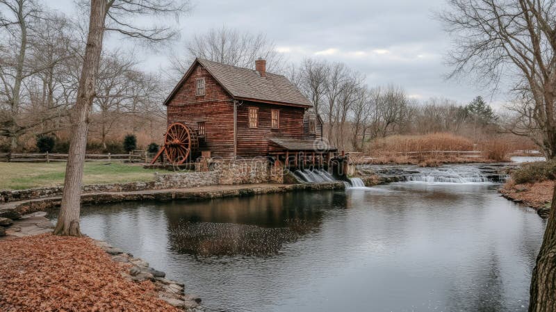 Rustic Wooden Mill Building beside a Rippling Stream Stock Illustration ...